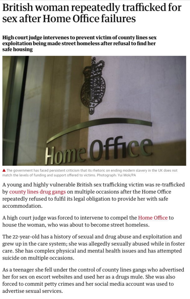 THE GUARDIAN - British woman repeatedly trafficked for sex after Home ...